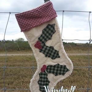 Rag Christmas Stocking, Holly, Rustic Country, Homespun Farmhouse ...