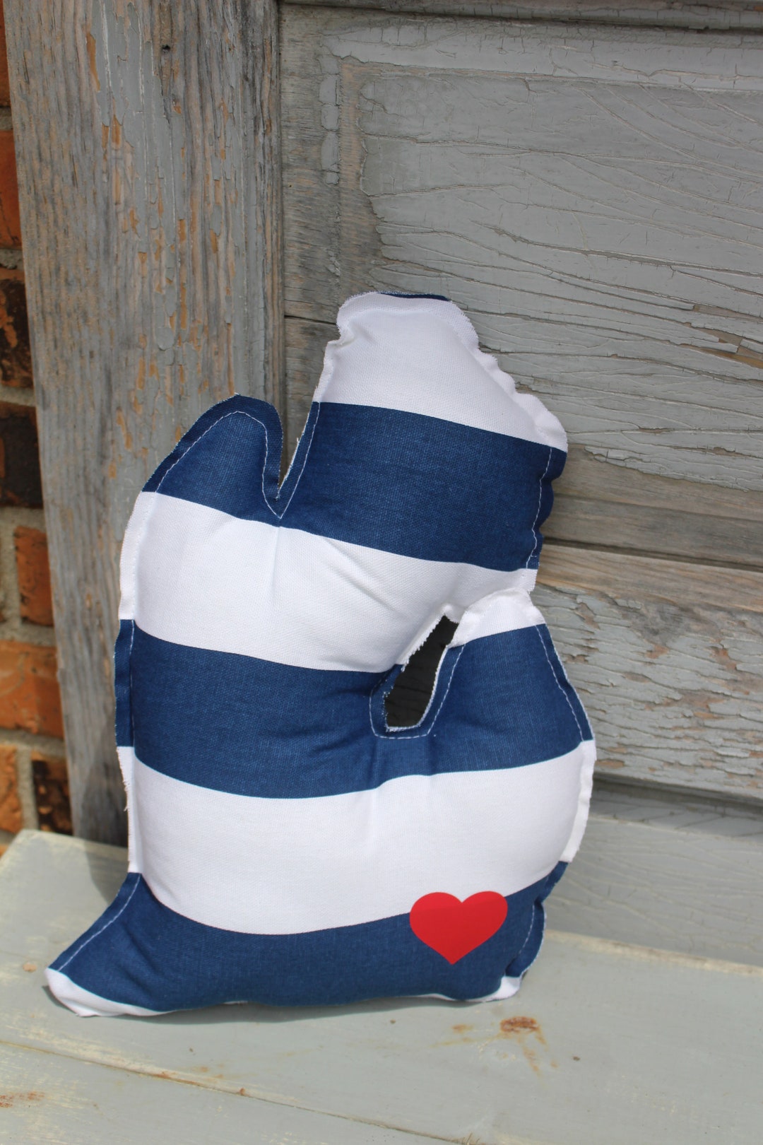 State of Michigan Mitten Shaped Pillow. Navy Blue and White Wide Stripe ...