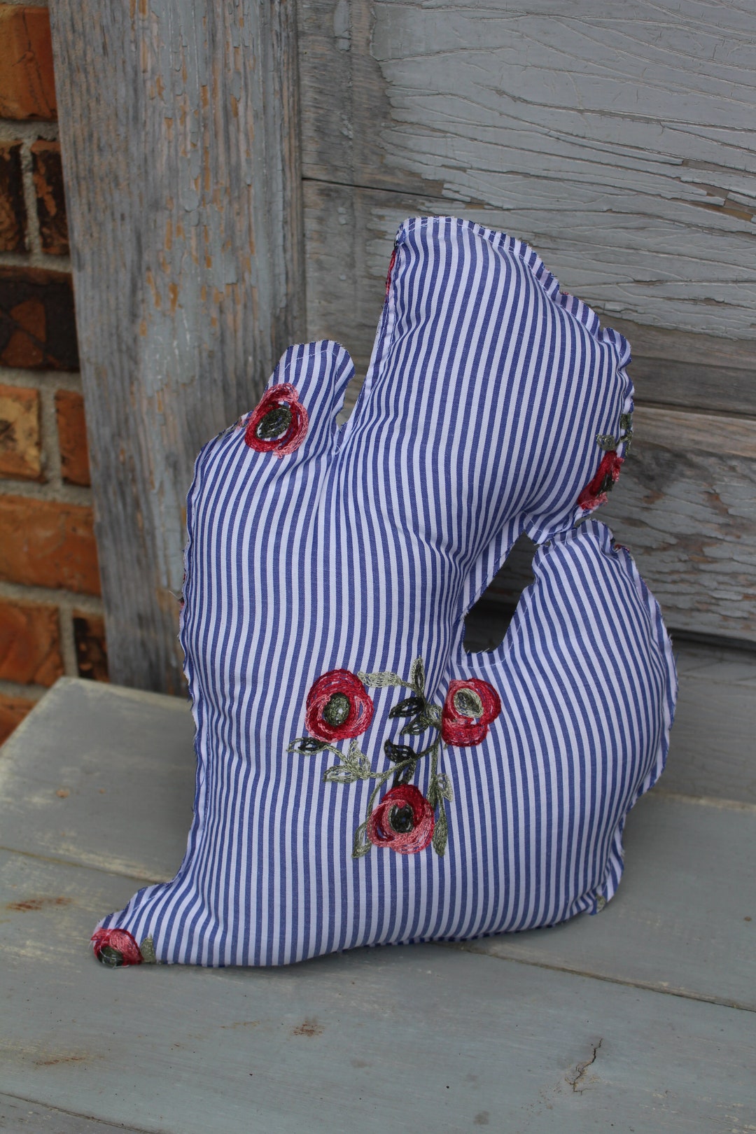 State of Michigan Mitten Shaped Pillow. Blue and White Stripe With ...