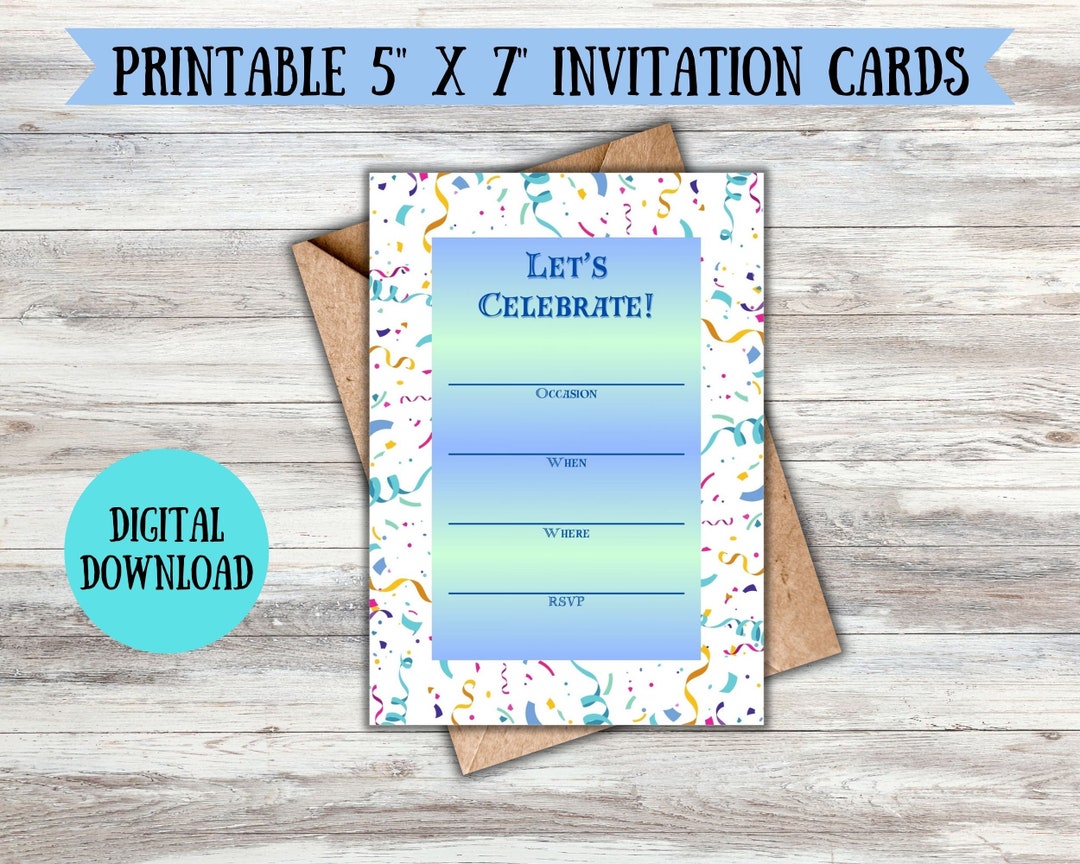 Printable Confetti-themed Invitation Cards With Blue Accents digital ...