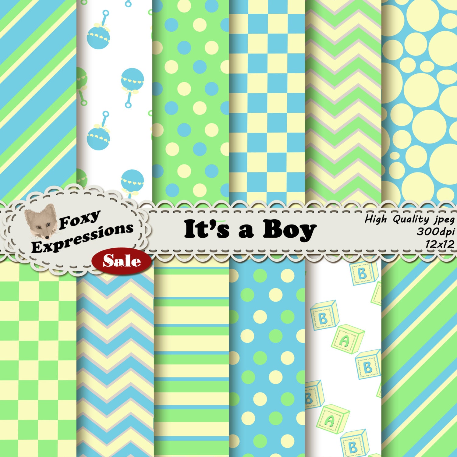 Baby Boy Digital Paper With Fun Baby Block Stripes, Ratttle Polka Dots ...