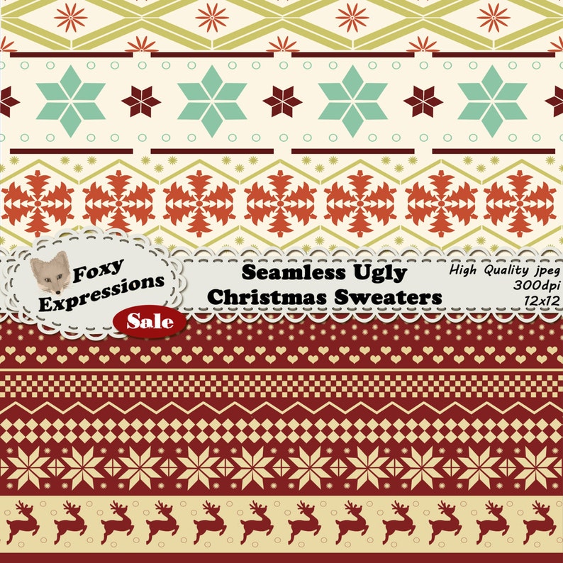 Seamless Ugly Christmas Sweater Digital Paper in Shades of Green, Cream ...