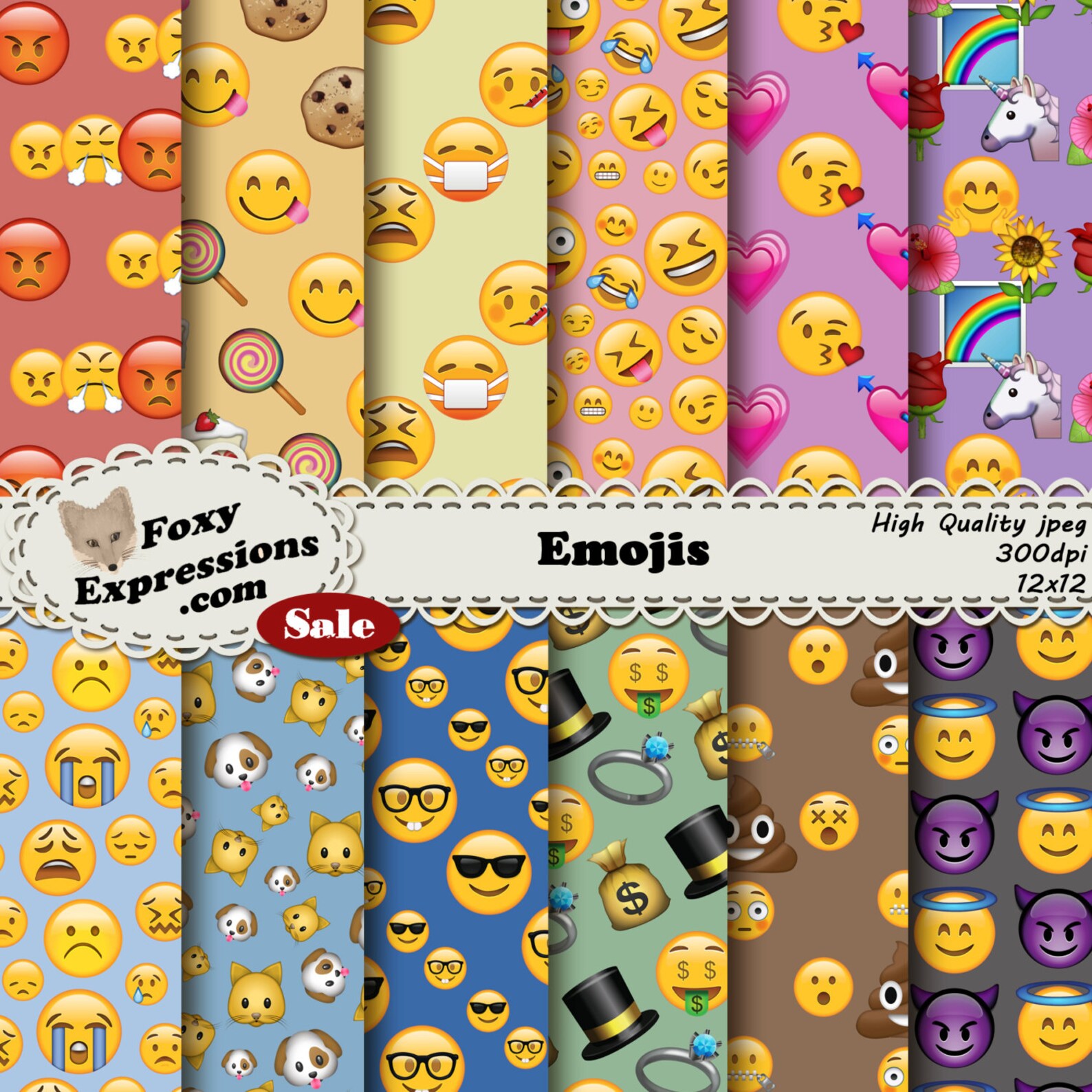 Emojis Digital Paper Will Add Emotions to Your Crafts. Mad, Sick, Happy ...