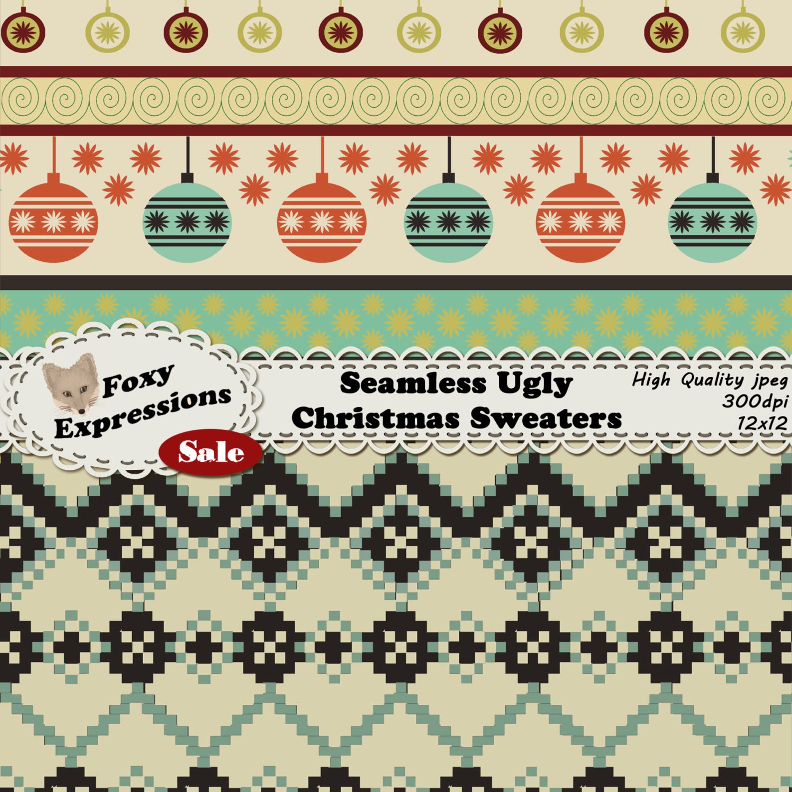 Seamless Ugly Christmas Sweater Digital Paper in Shades of Green, Cream ...