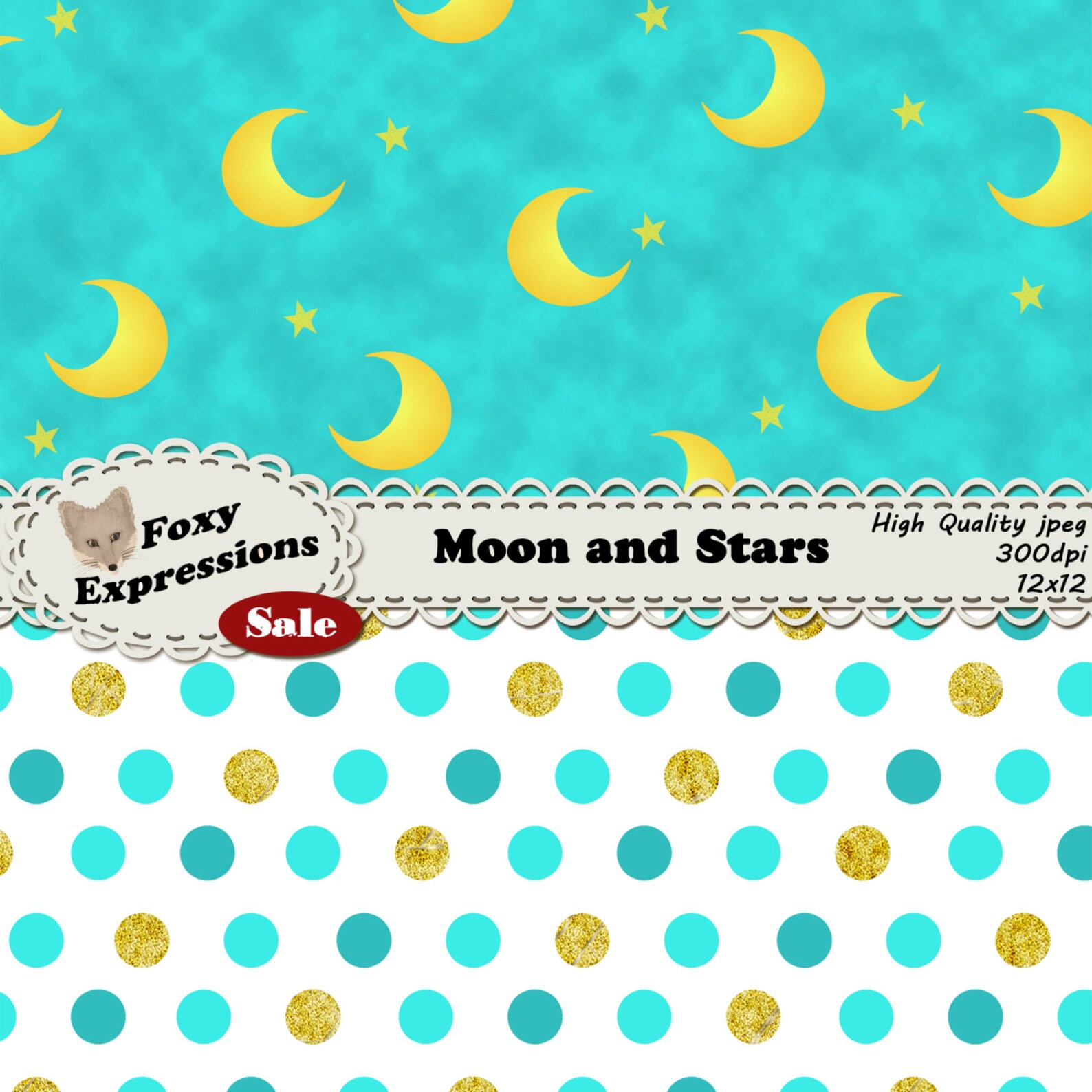 Aqua and Marigold, Moon and Stars in Shades of Blue, Yellow and Gold ...