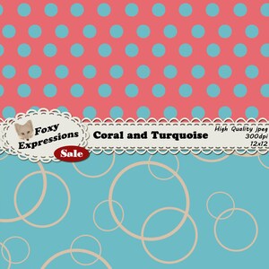 Coral and Turquoise Digital Paper in Checkers, Chevron, Floral, Stripes ...