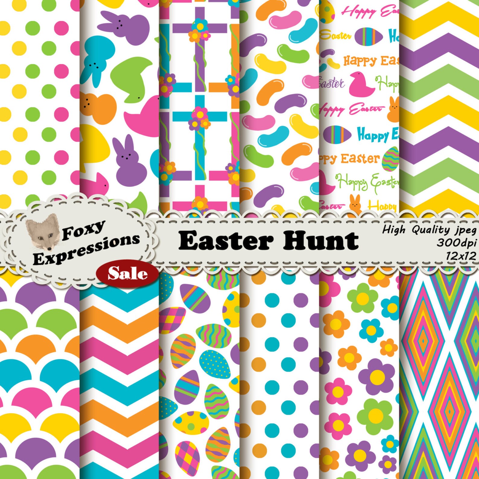 Easter Hunt Digital Paper Pack Comes in Bright Spring Colors. Designs ...