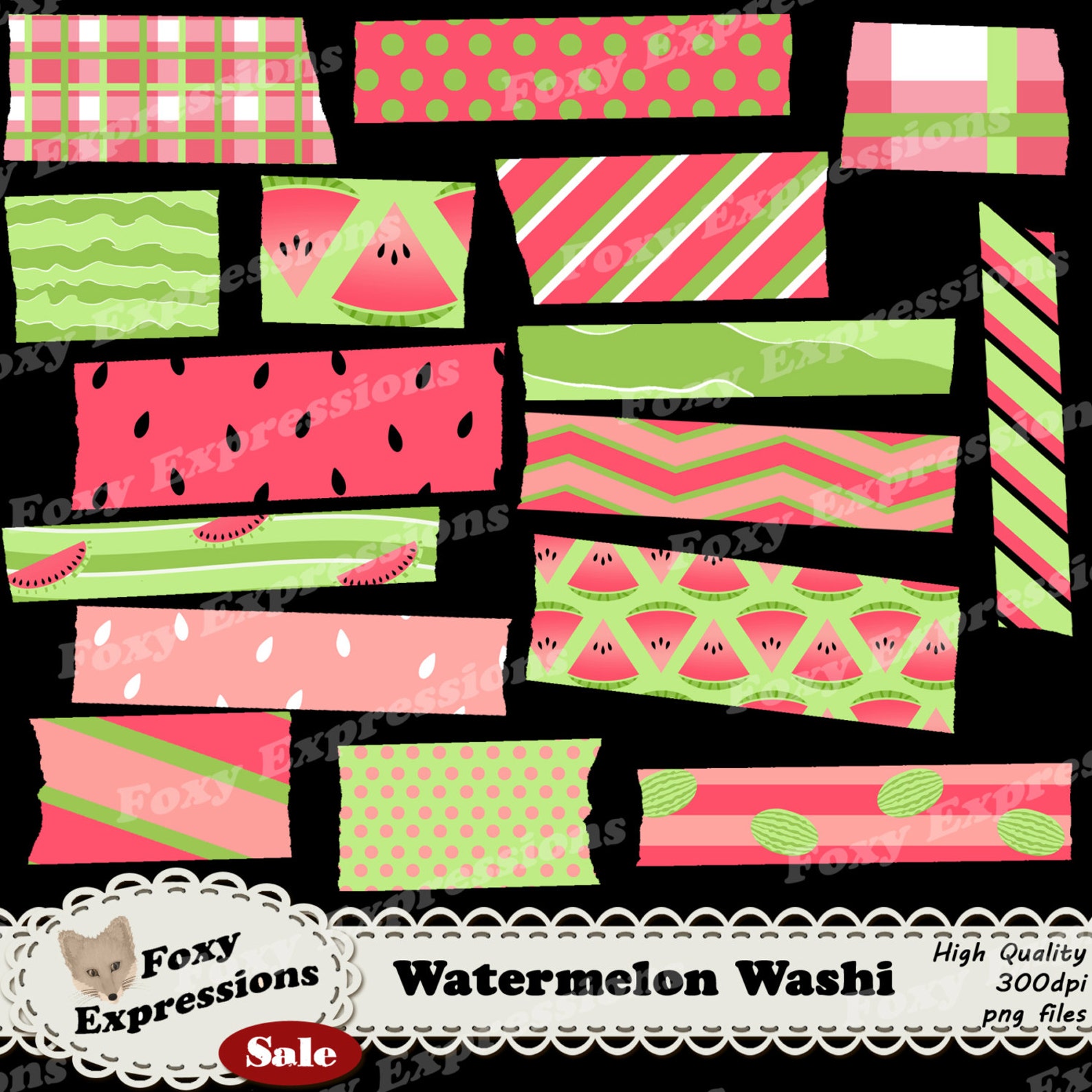 Watermelon Digital Washi Tape in Shades of Green and Pink With Stripes ...