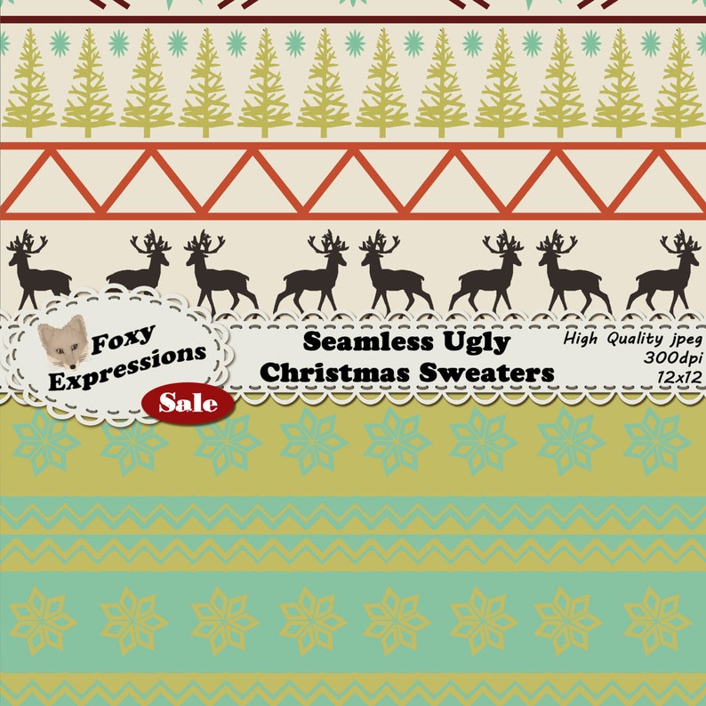 Seamless Ugly Christmas Sweater Digital Paper in Shades of Green, Cream ...