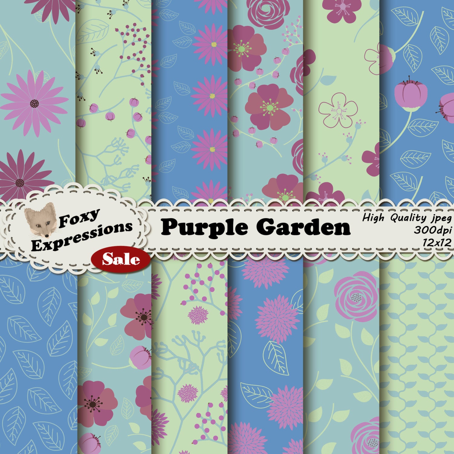 Purple Garden Digital Paper Comes in Shades of Purple, Green and Blue ...