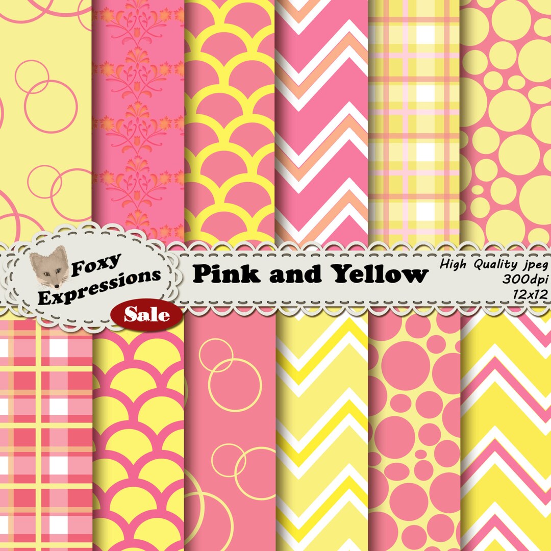 Pink and Yellow Digital Scrapbook Paper Pack Comes in Chevron, Scales ...
