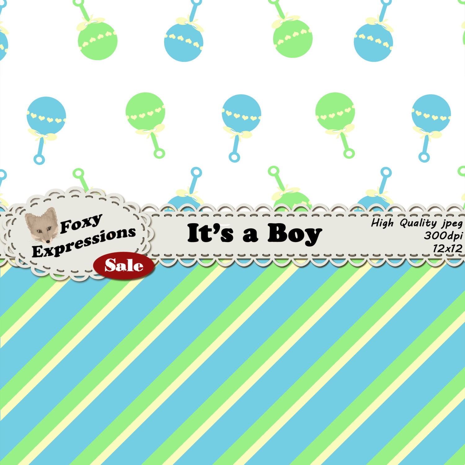 Baby Boy Digital Paper With Fun Baby Block Stripes Ratttle - Etsy