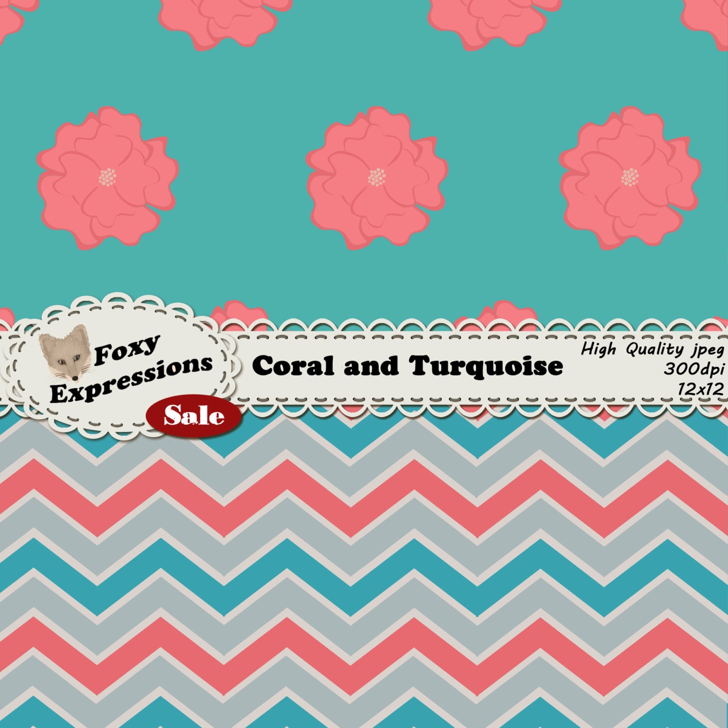 Coral and Turquoise Digital Paper in Checkers, Chevron, Floral, Stripes ...
