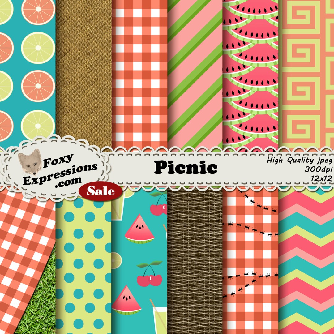 Picnic Digital Paper Comes in Colorful Designs Including Picnic Baskets ...