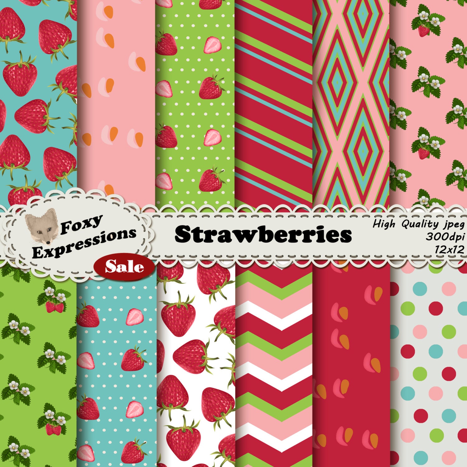 Strawberries Digital Paper Pack Comes in Pink, Green, and Blue. Designs ...