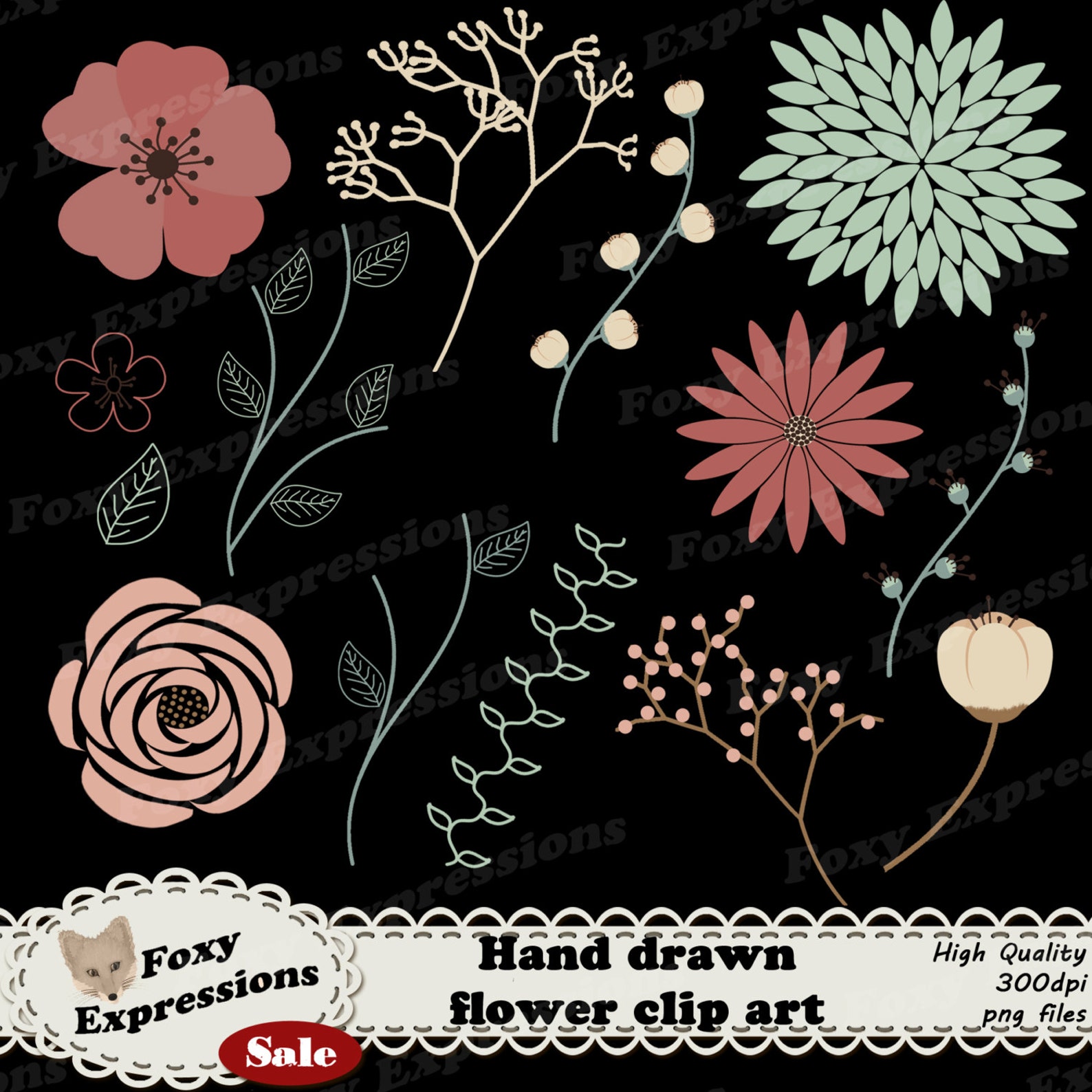 Hand Drawn Flower Clip Art in Beautiful Shades on Warm Pinks and ...