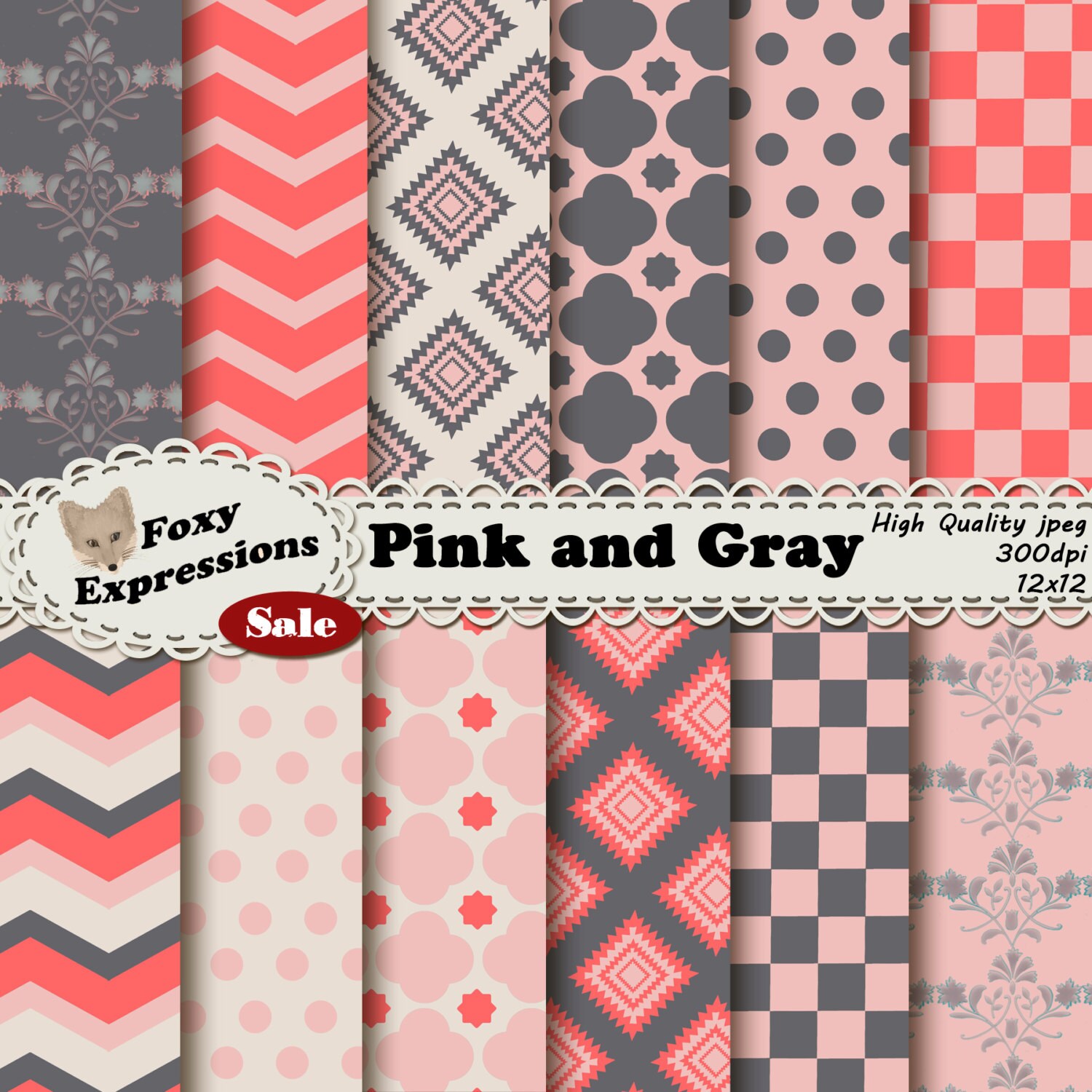 Pink and Gray Digital Paper Pack Comes in Chevron, Checkers, Damask ...