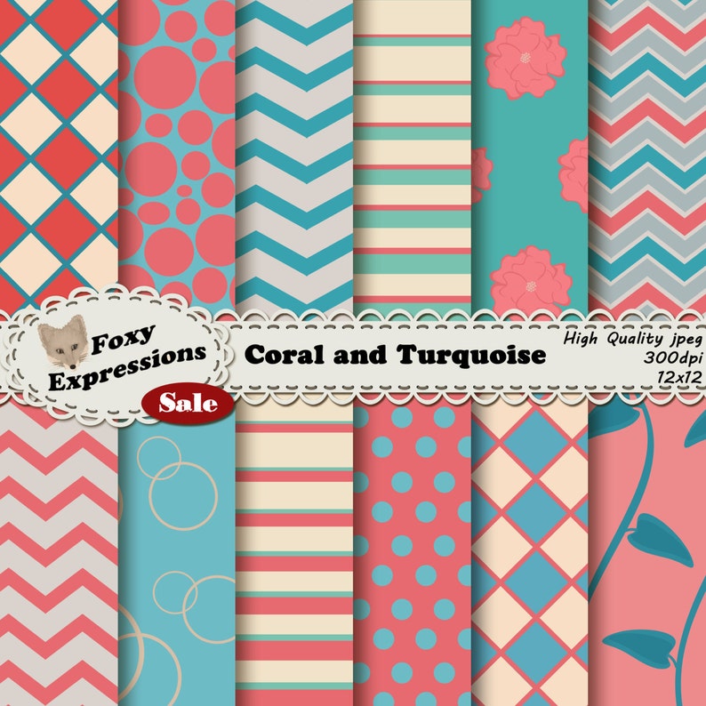 Coral and Turquoise Digital Paper in Checkers, Chevron, Floral, Stripes ...
