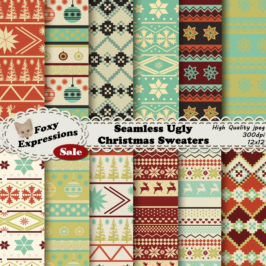 Seamless Ugly Christmas Sweater Digital Paper in Shades of Green, Cream ...