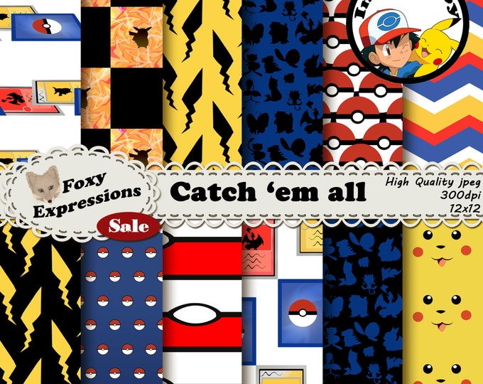 Catch 'em All Digital Paper Inspired by Pokemon Designs Include ...