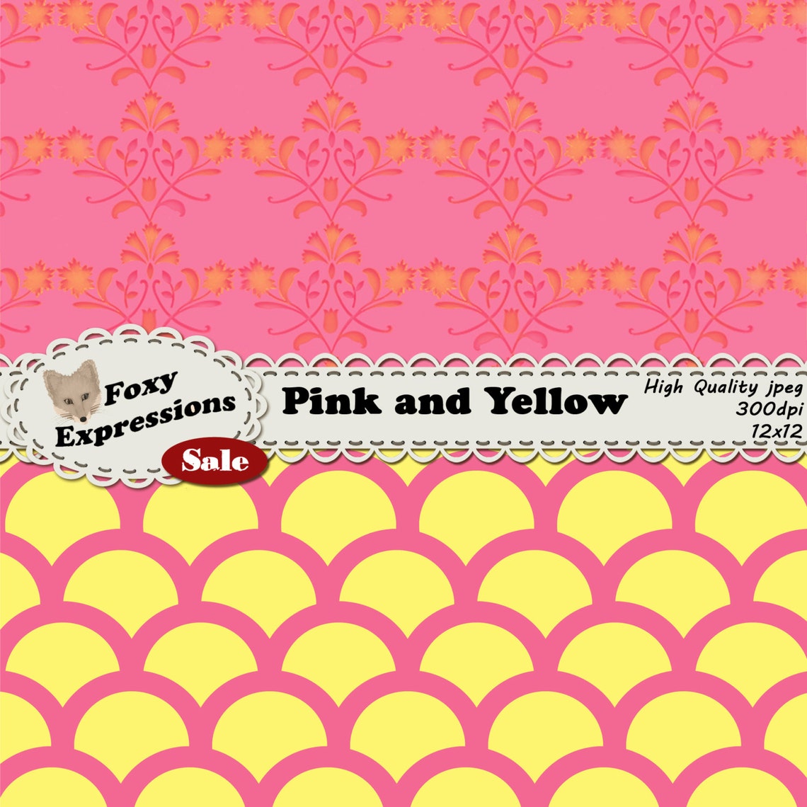 Pink and Yellow Digital Scrapbook Paper Pack Comes in Chevron, Scales ...