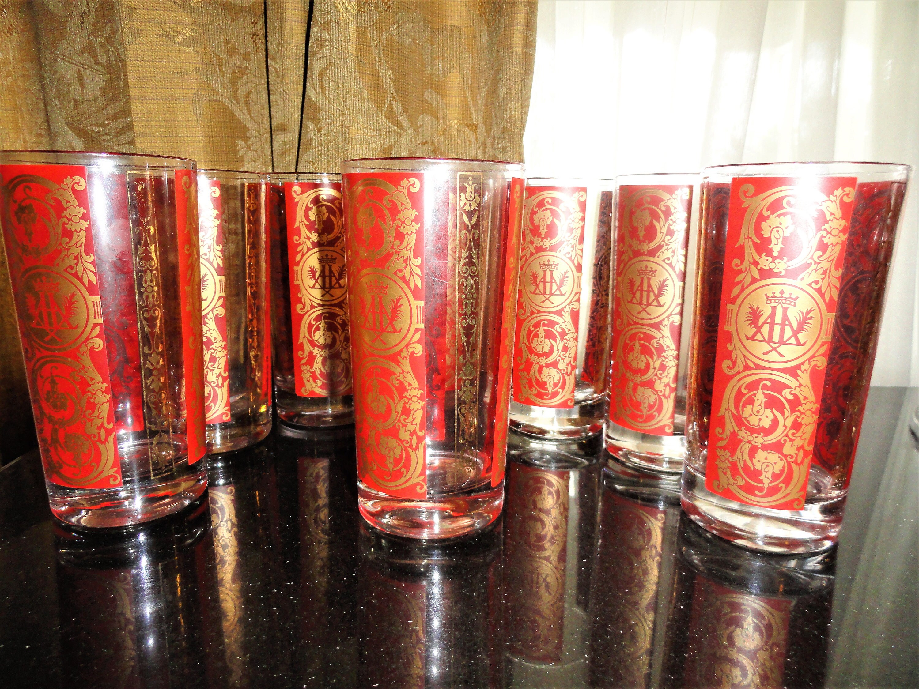 Vintage Mid Century Set of 8 Red & Gold Crown Paneled Fleur De | Etsy