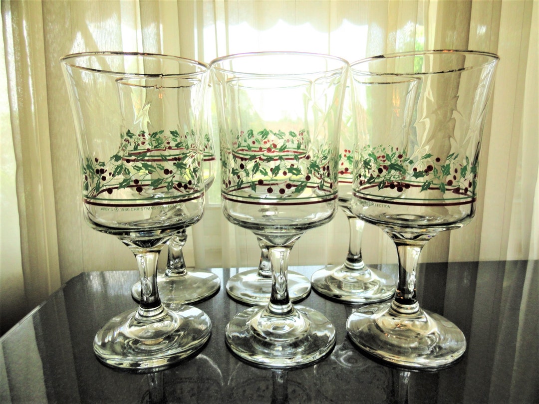 Vintage 1990's Arby's Libbey Bow Stem Holly Berry Gold Trim Set of 6 ...