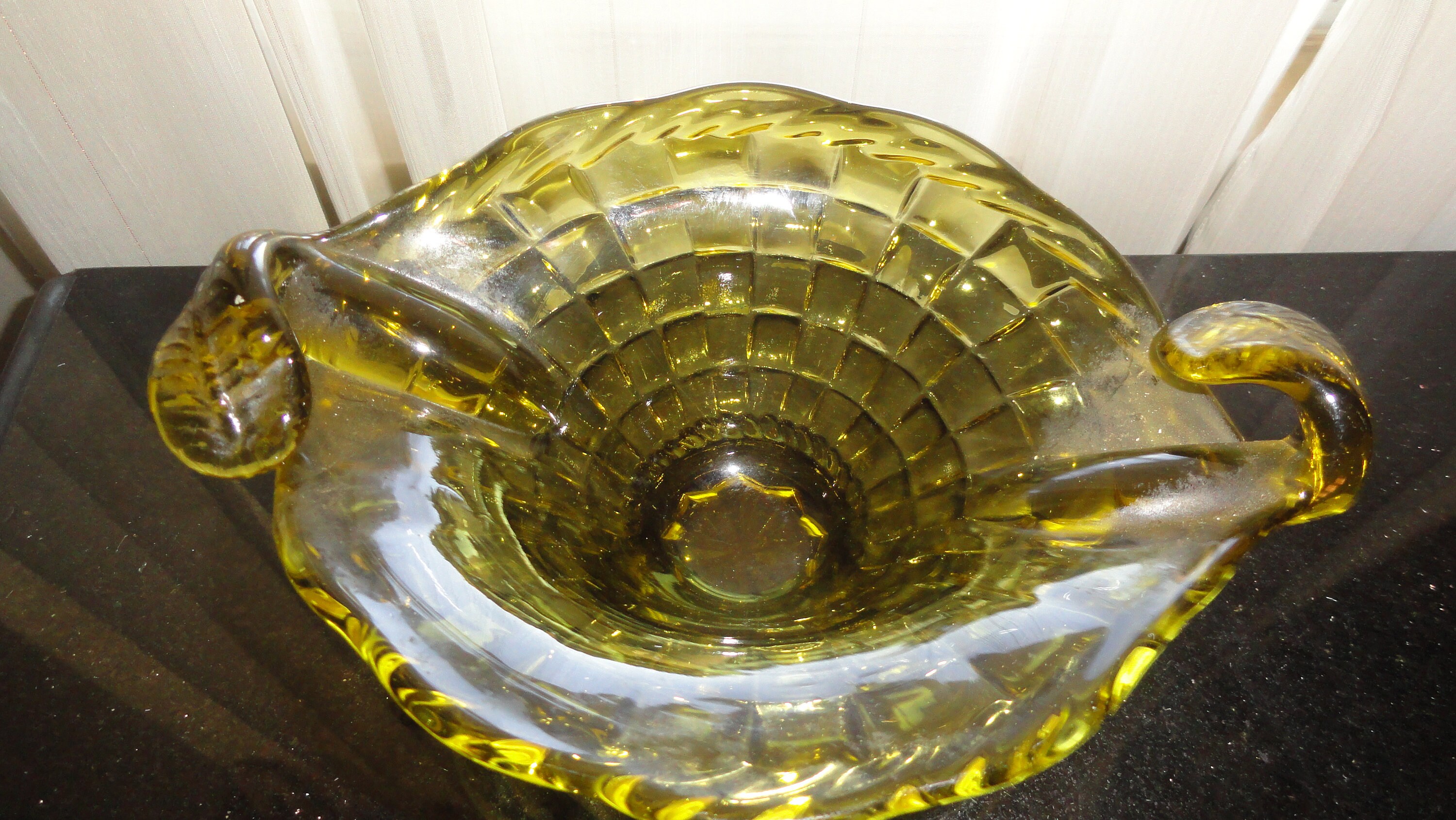Mid Century Olive Green Domed Block Pattern Leaves Glass Open Basket ...
