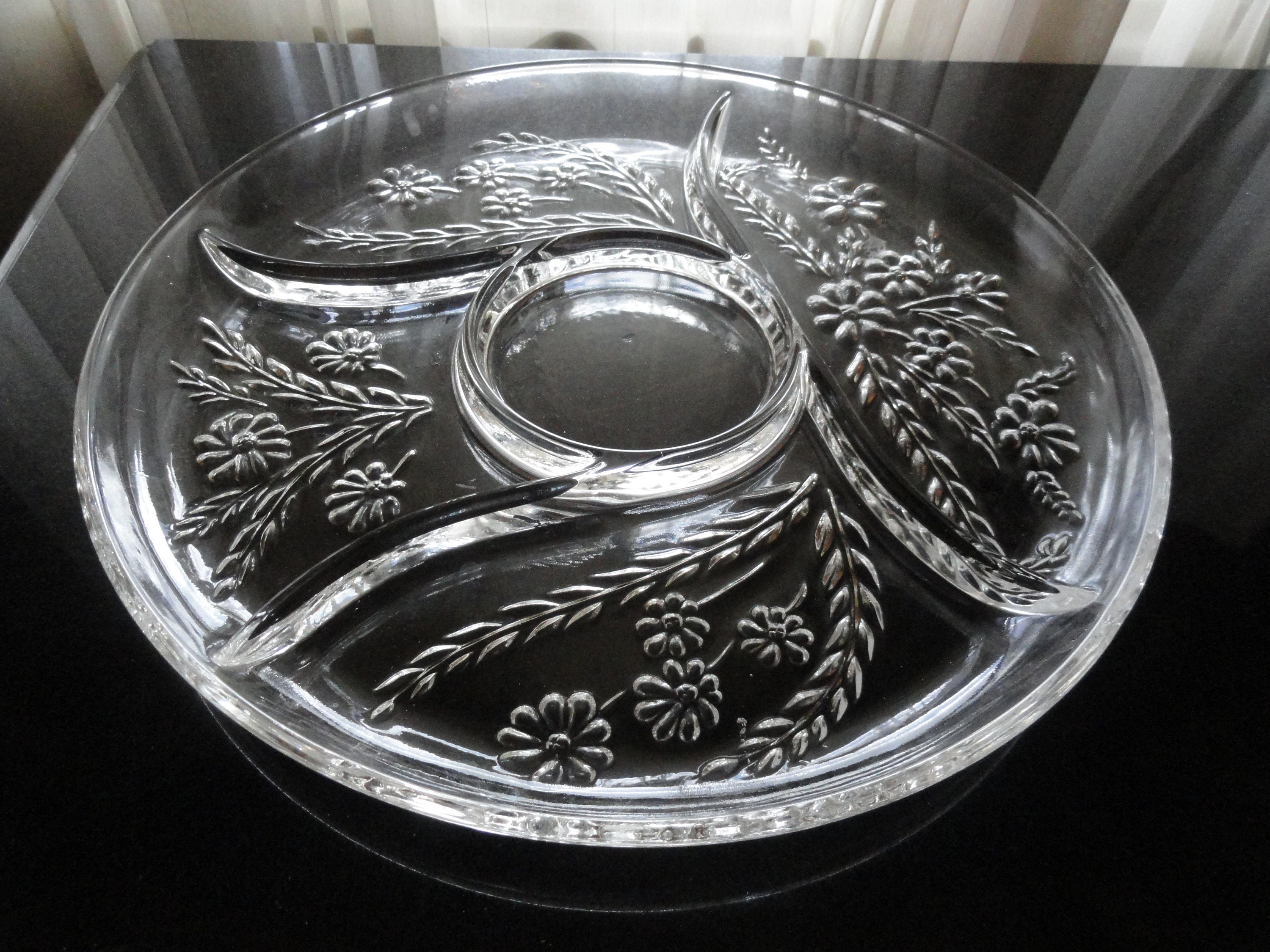 Vintage Round Glass Embossed Floral Design Five Compartment | Etsy