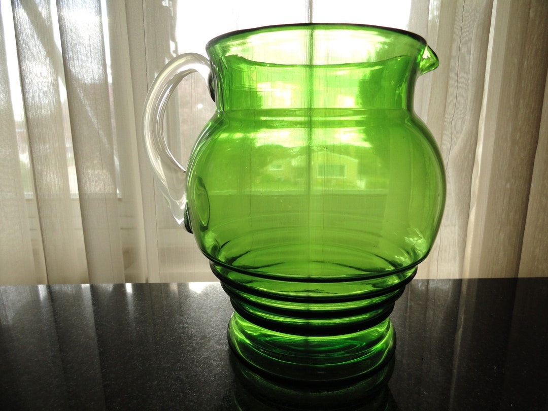 Vintage Green Ribbed Glass Pitcher - Etsy