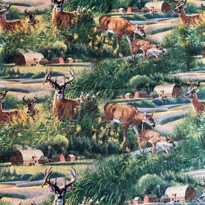 Deer Scenic Fabric by the Yard 100% Cotton for Clothing, Crafts Grass ...