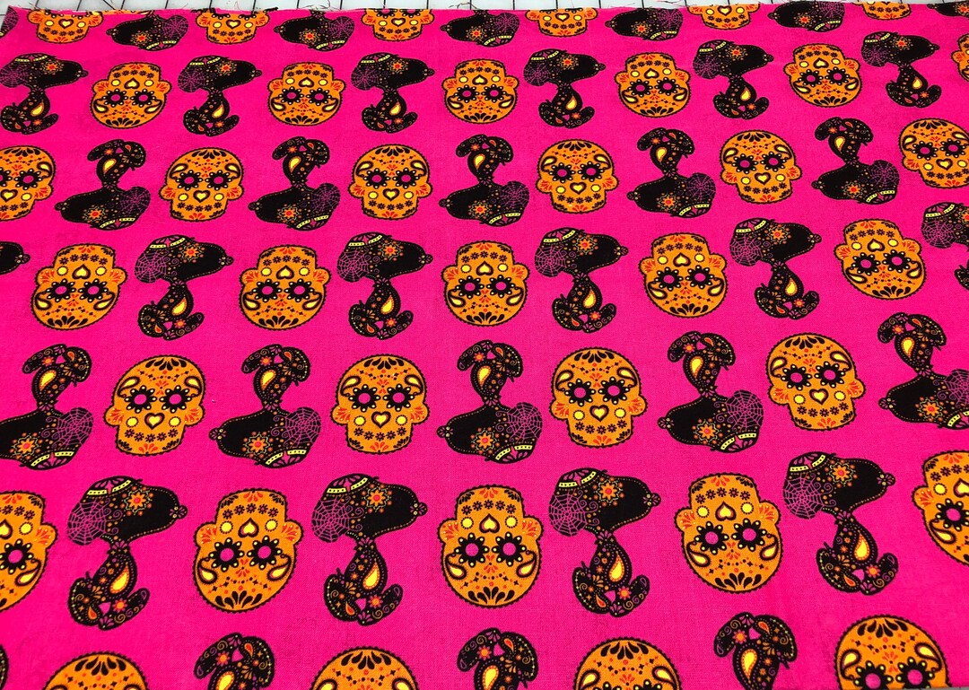 Sugar Skull Peanuts Fabric by the Yard 100% Cotton Snoopy Toos Pink ...