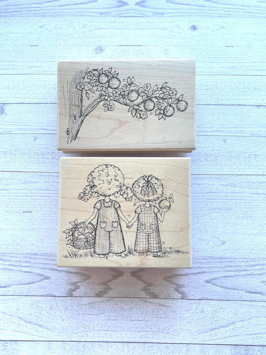 Lot of 2 Great Impressions Girls Picking Apples + Apple Tree Wood ...