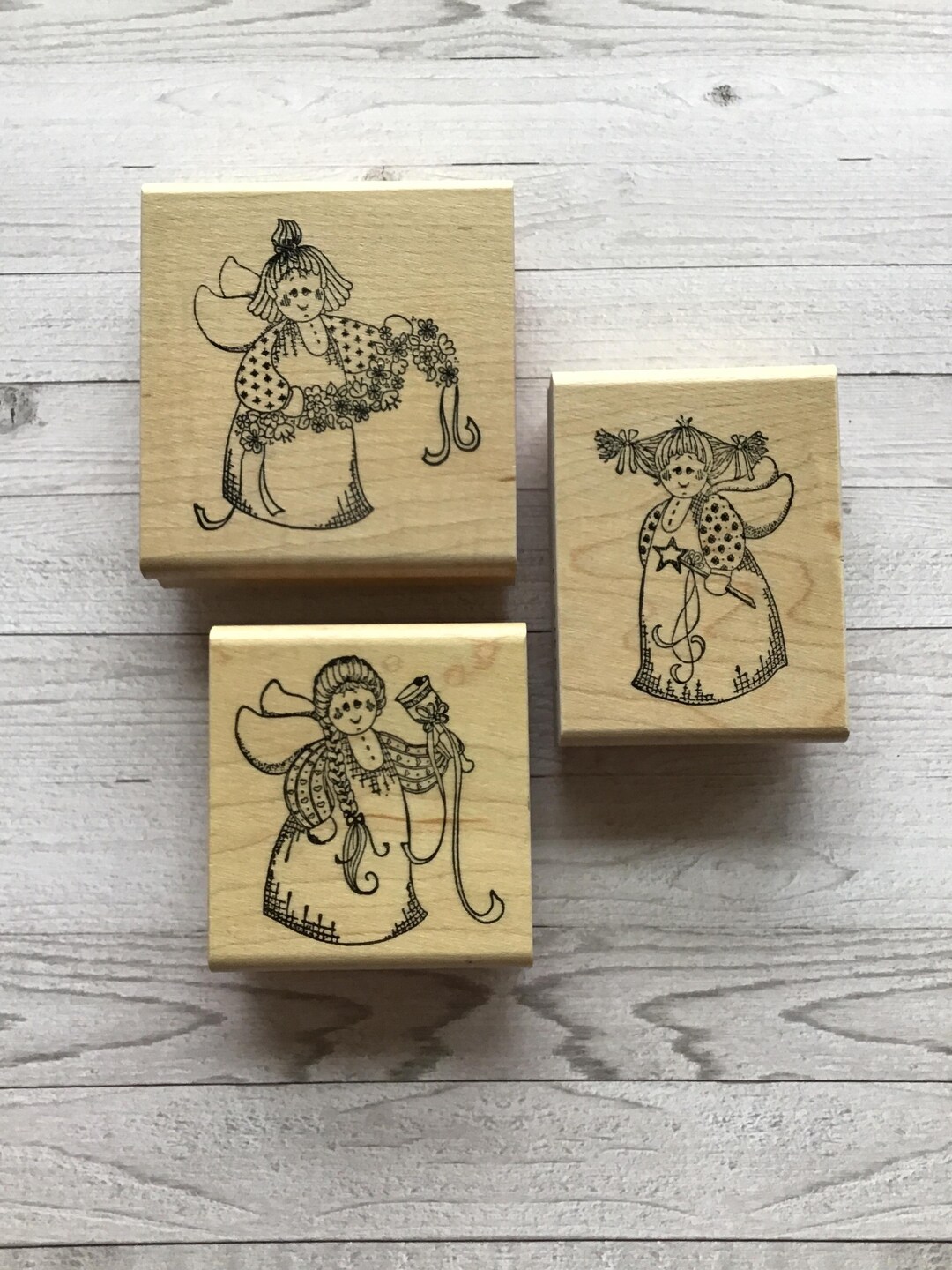 Vintage Lot of 3 Holly Berry House Angels Wood Mounted Rubber Stamps ...