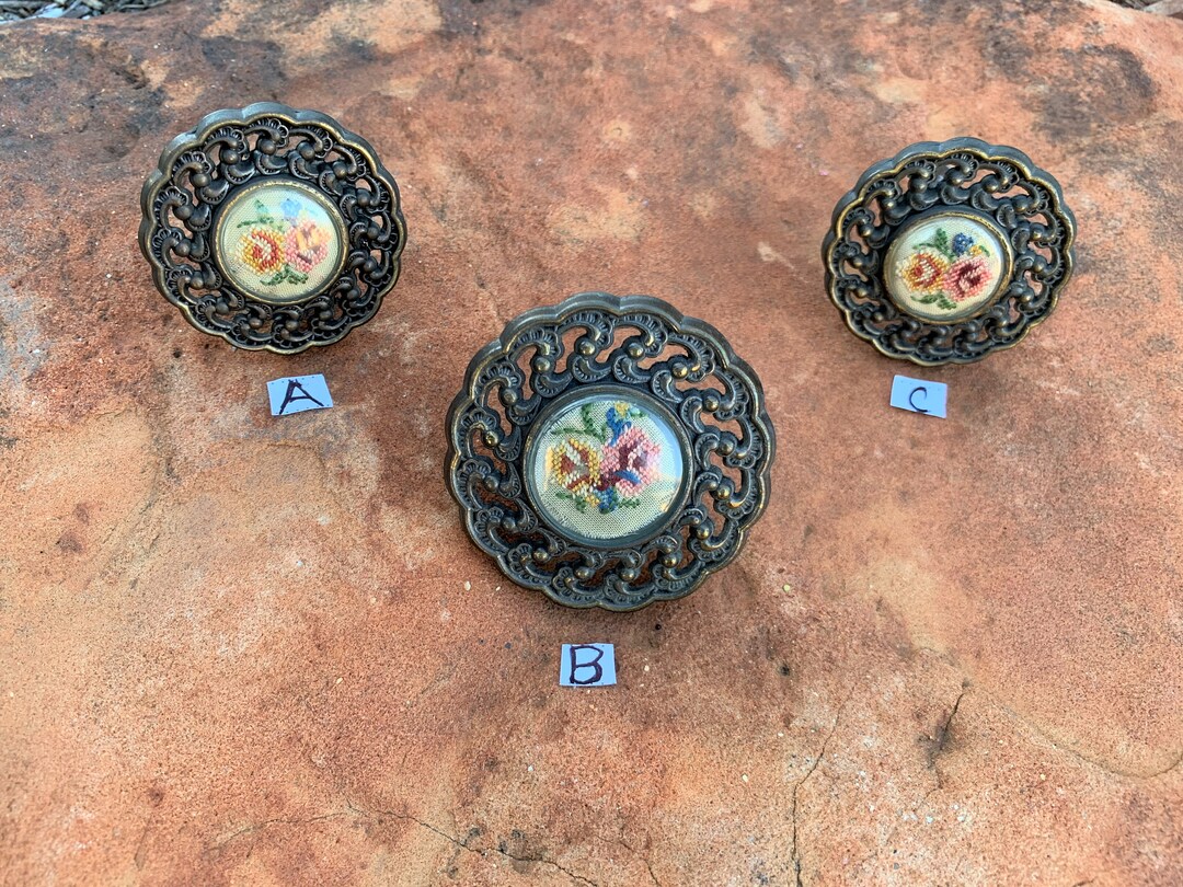 Very Rare Solid Brass Antique Cabinet Knobs With Covered Cross Stitch Centersantique
