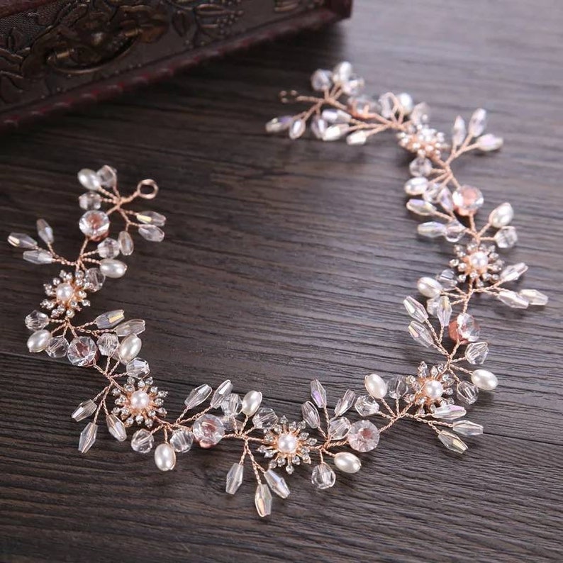 Rose Gold Bridal Hair Vine With Crystals & Pearls - Etsy UK