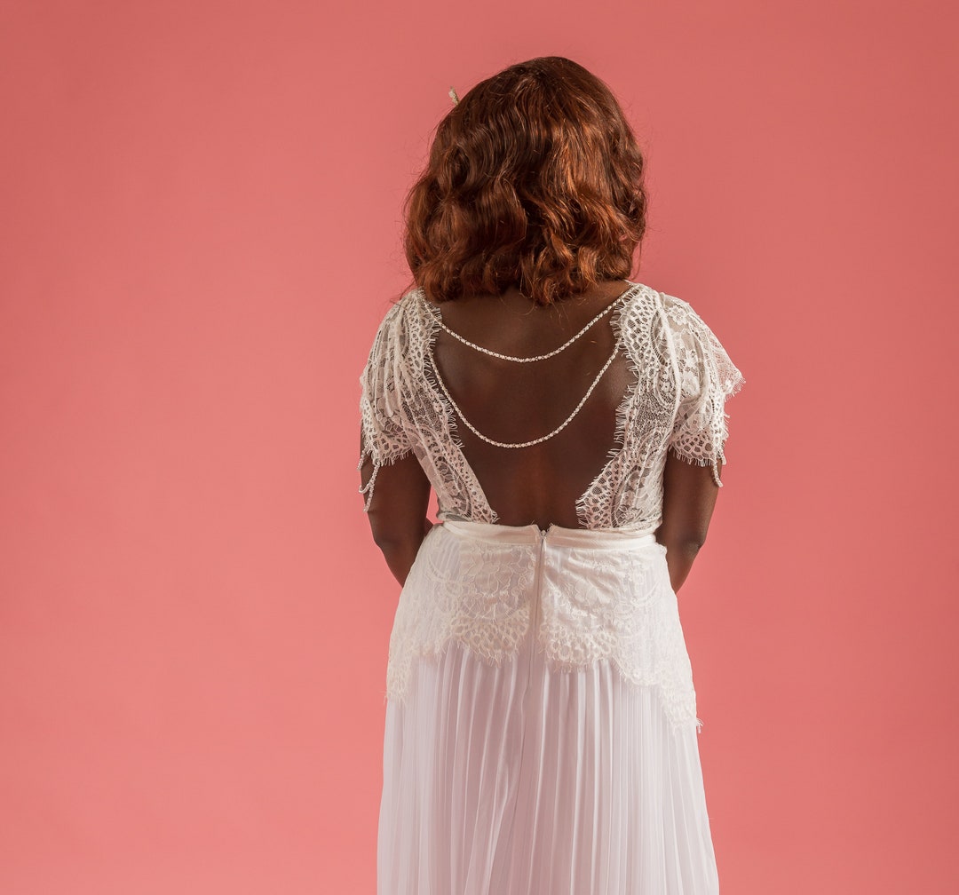 2 Layer Pearl Bridal Back Chain and Beaded Detachable Jewelry for Open ...