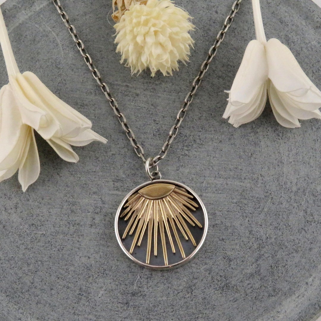 Two Tone Sun Rays Necklace | Gold Silver Sun Pendant | Mixed Metal ...