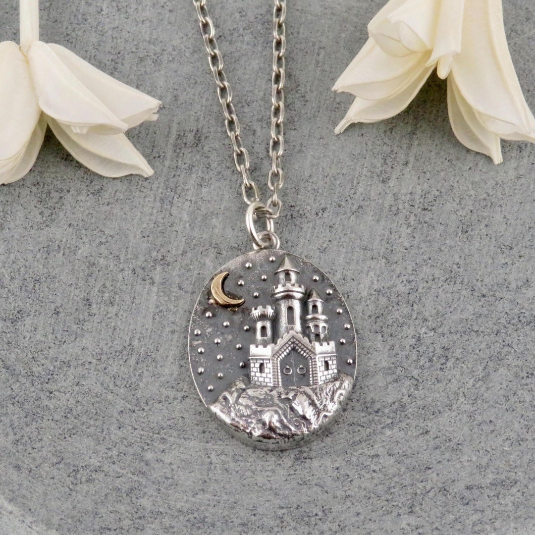 Sterling Castle Pendant | Silver Gothic Necklace | Two Tone Castle ...