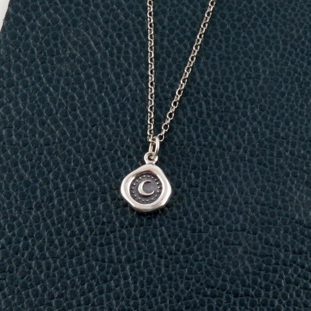 Sterling Moon Necklace | Rustic Moon Necklace | Sterling Moon Pendant | Silver Wax Seal Moon ...
