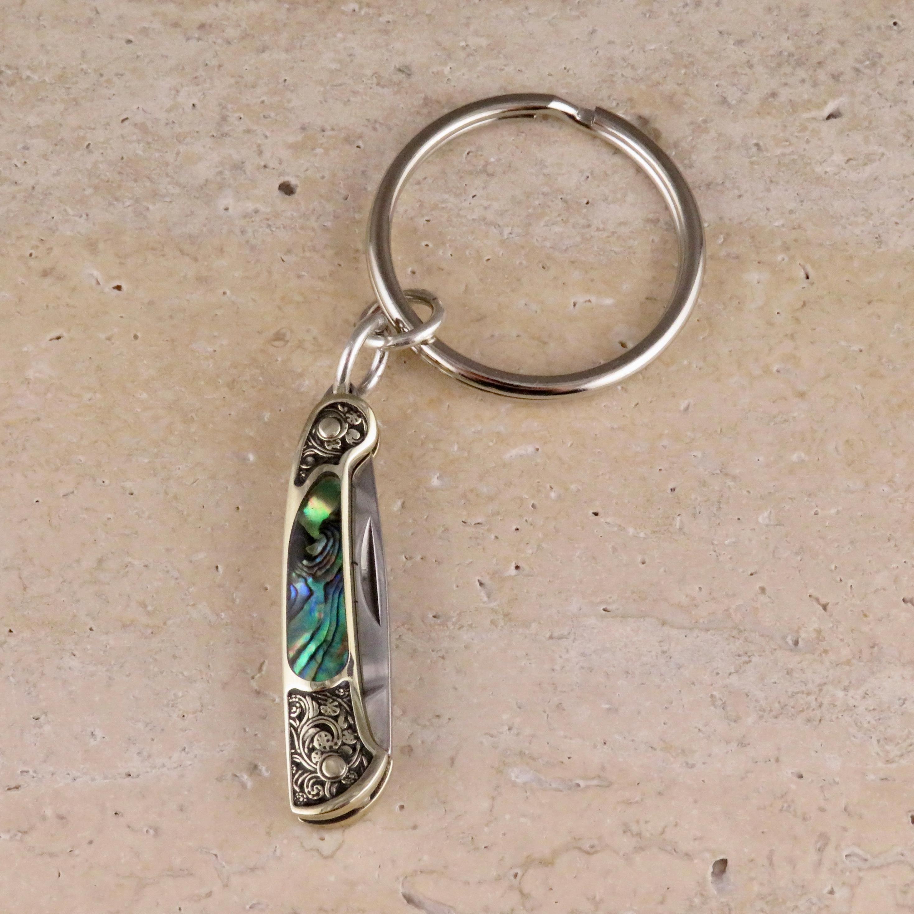 Etched Brass Knife Keychain| Abalone Pocketknife Keyring | Mini Knife ...