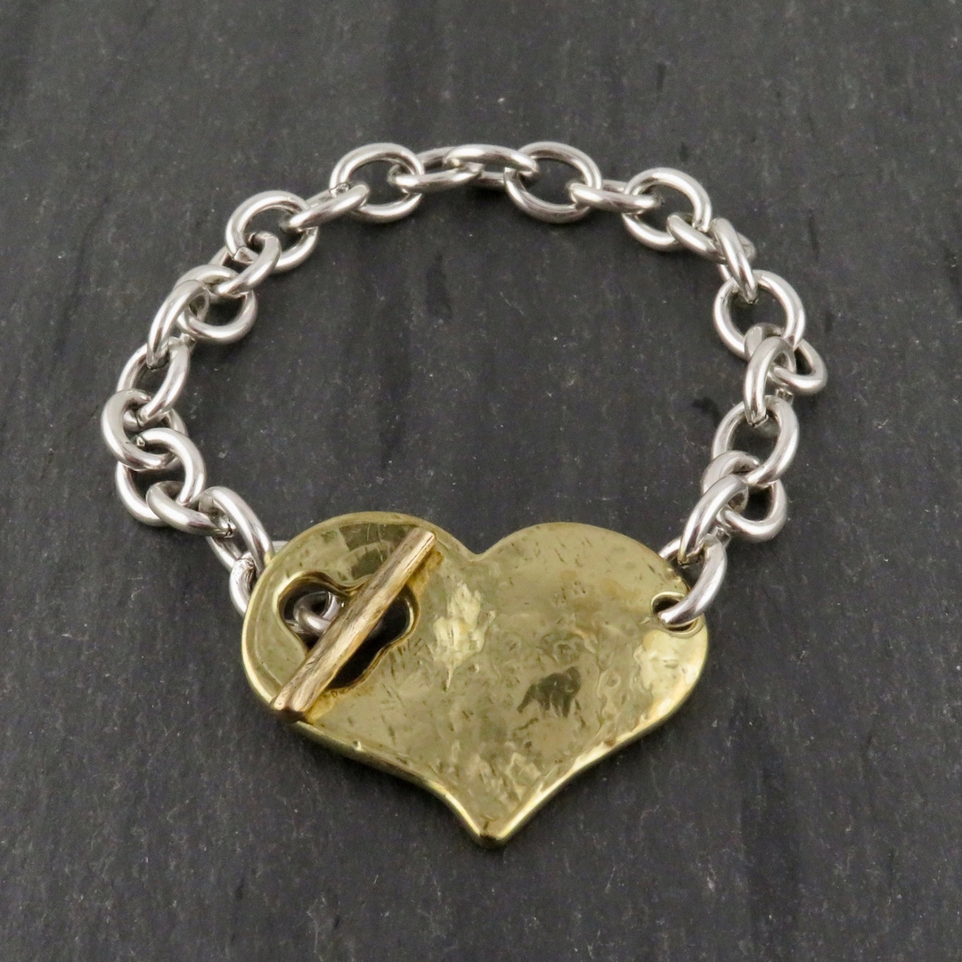 Two Tone Heart Bracelet | Hammered Heart Bracelet | Chunky Mixed Metal ...