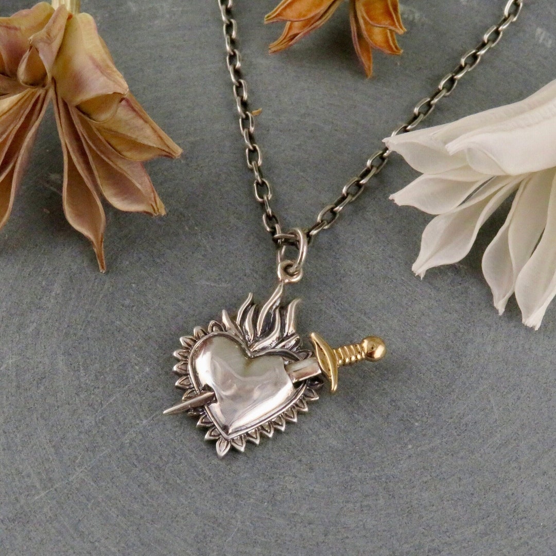 Heart Sword Necklace Two Tone Dagger Necklace Silver Gold Heart Fire ...
