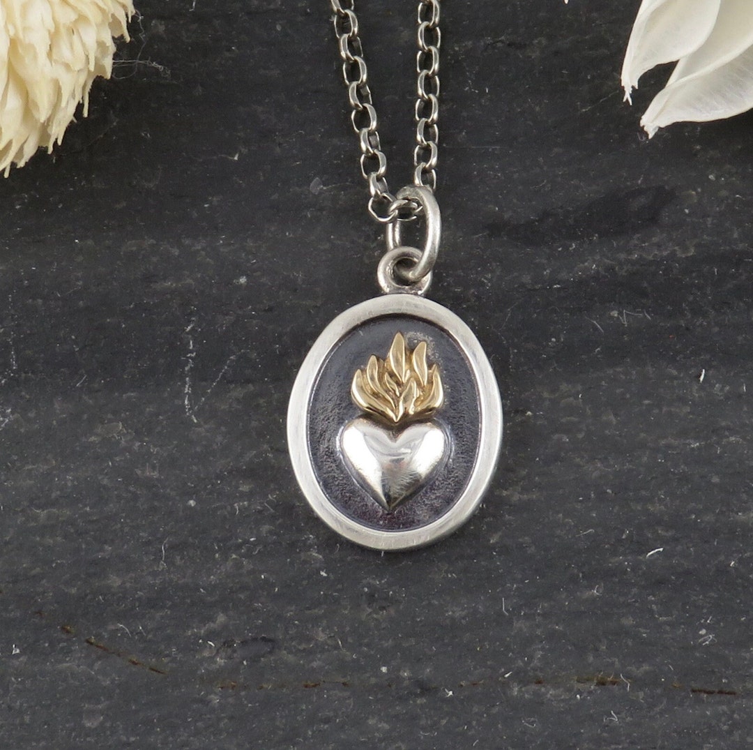 Two Tone Heart Necklace | Silver Gold Heart on Fire Pendant | Mixed ...