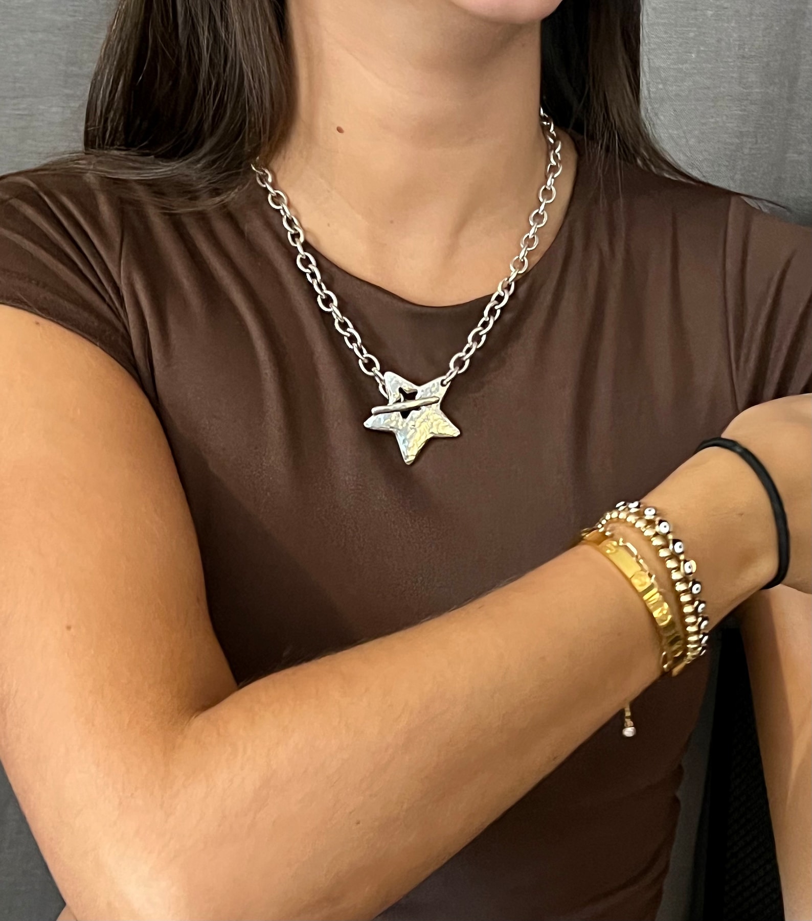 Hammered Silver Star Necklace | Chunky Star Necklace | Front Toggle ...