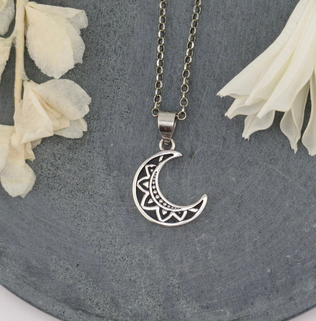 Sterling Moon Necklace | Silver Boho Moon Necklace | Sterling Moon Pendant | Silver Fancy Moon ...
