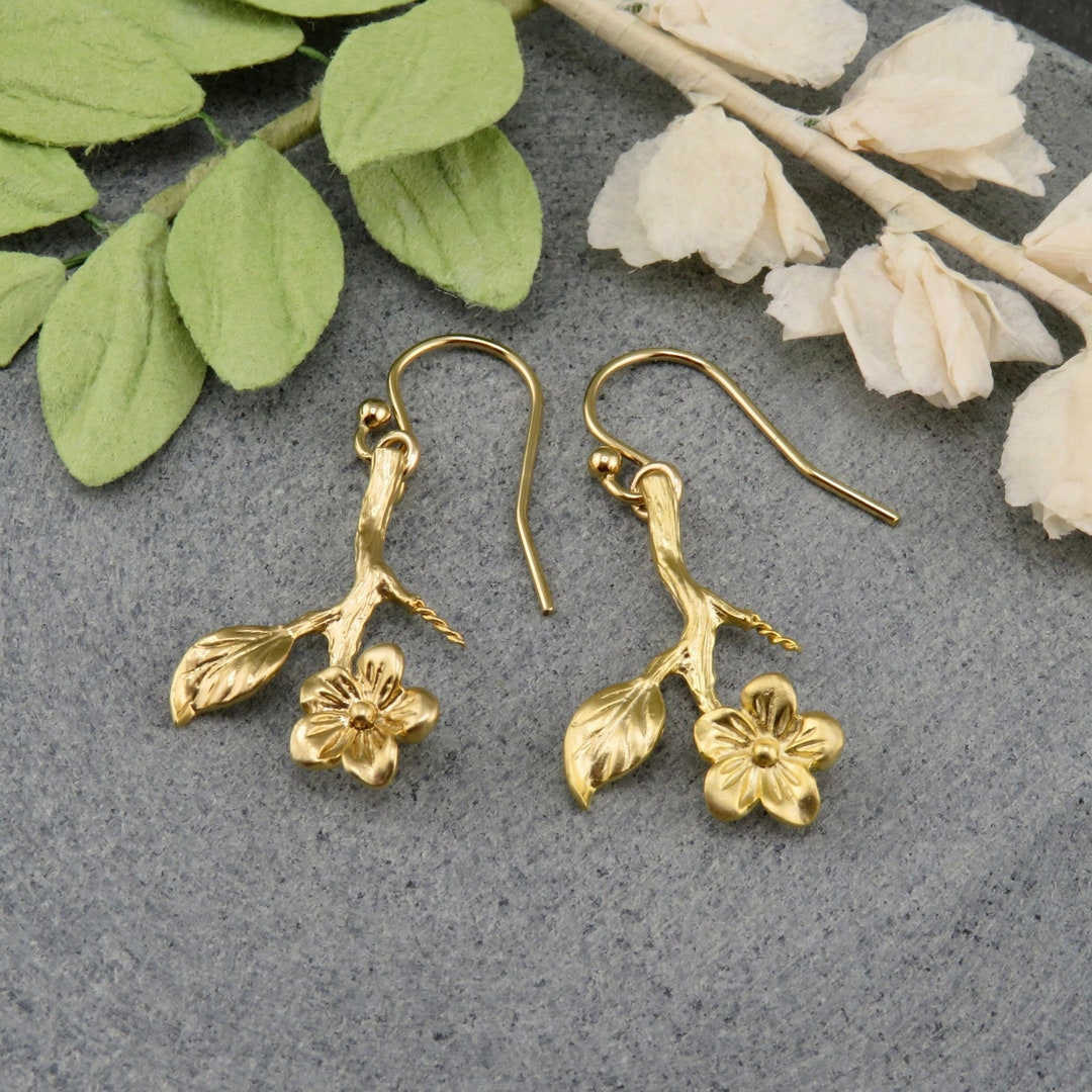 Gold Flower Stem Earrings | Flower Branch Earrings | Lightweight Flower ...