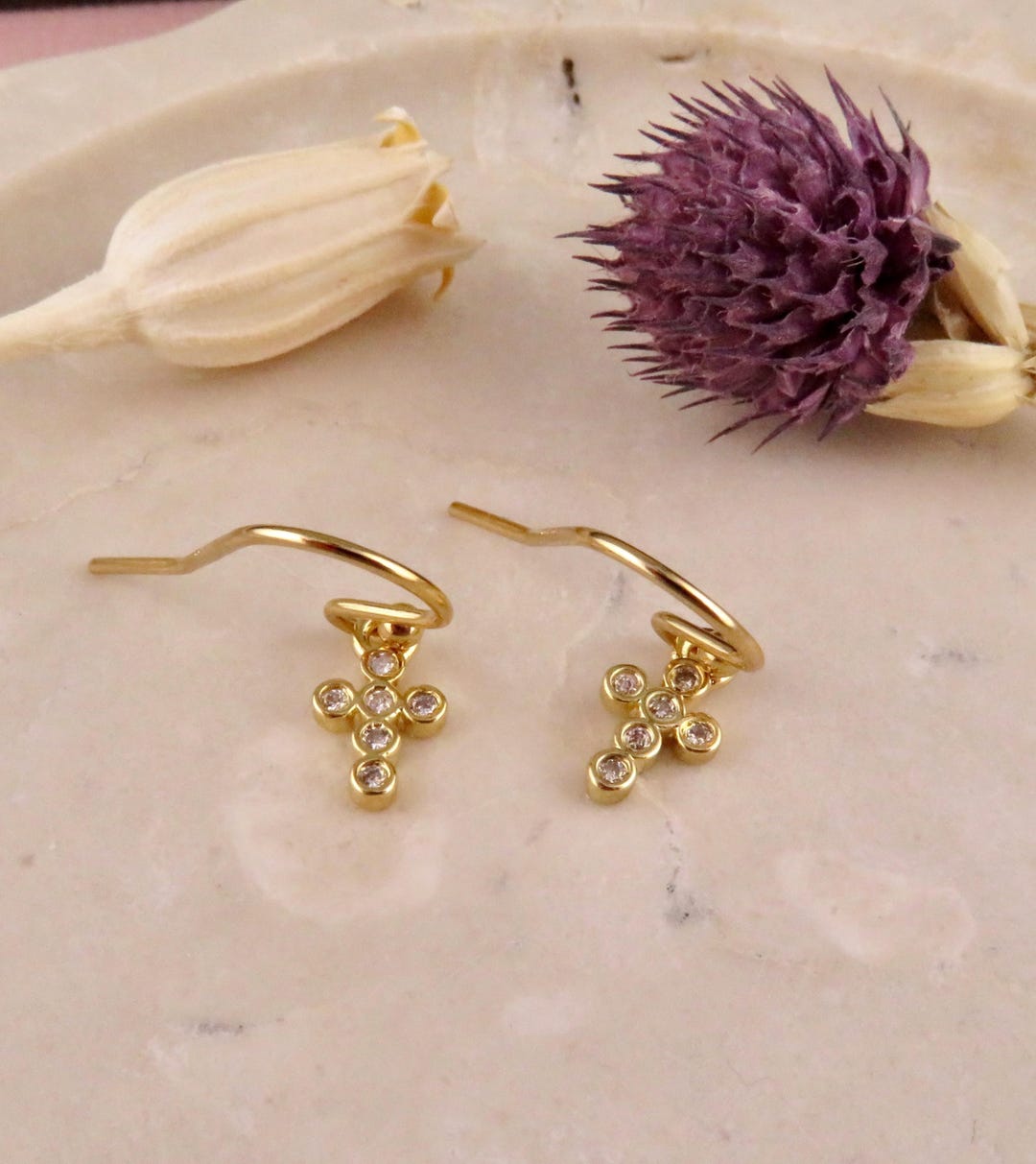 Tiny Gold Cross Earrings | Gold Filled Mini Cross Earrings | CZ Small ...