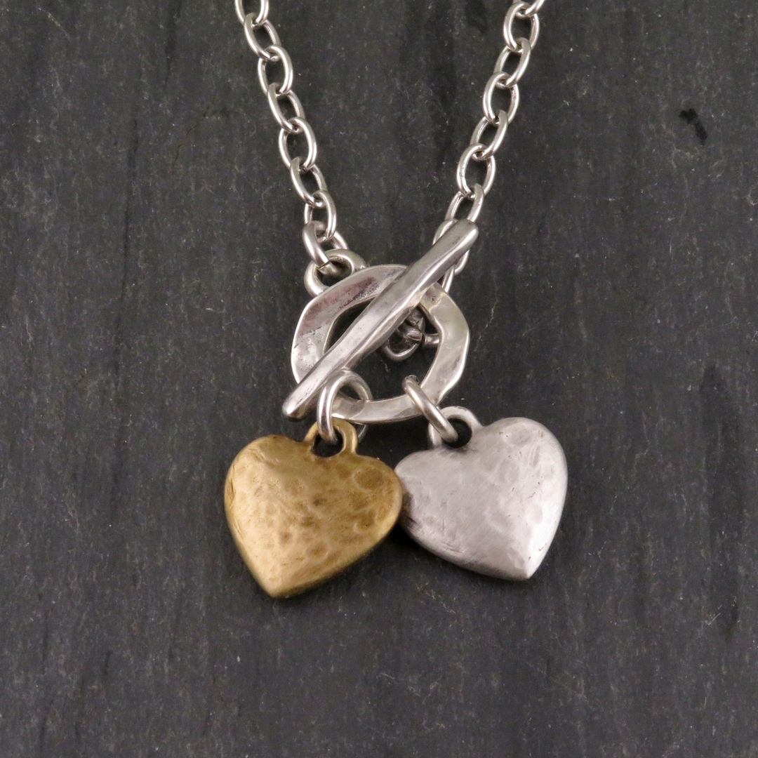 Two Tone Heart Necklace | Hammered Heart Necklace | Gold Silver Hearts ...