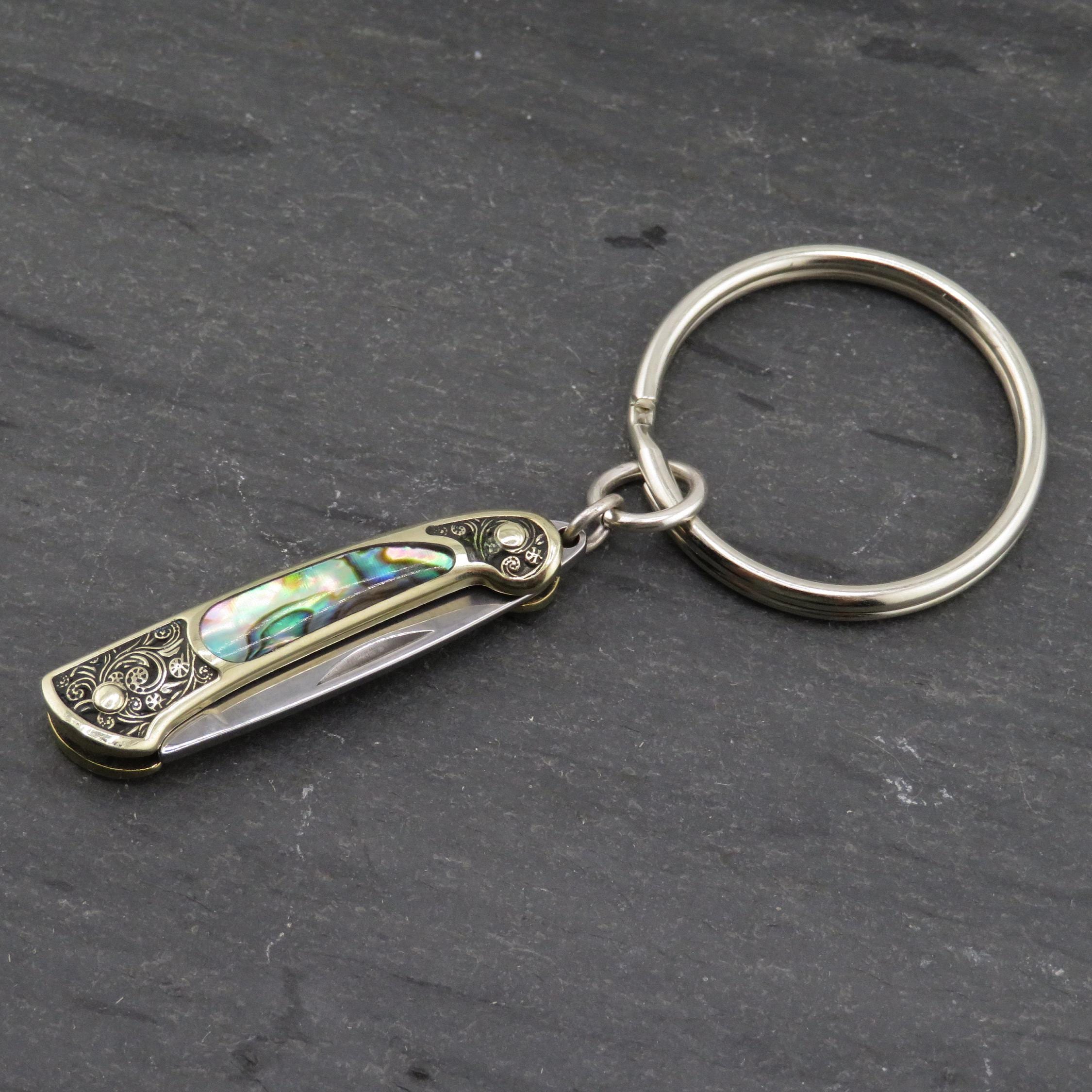 Etched Brass Knife Keychain| Abalone Pocketknife Keyring | Mini Knife ...